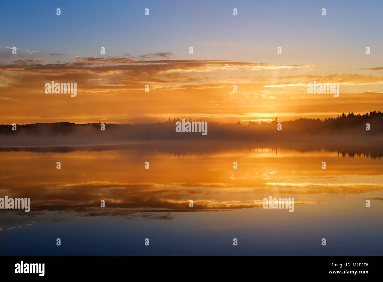 Dawn,sunrise over Kirchsee with Reutberg Monastery,Sachsenkam,Upper ...