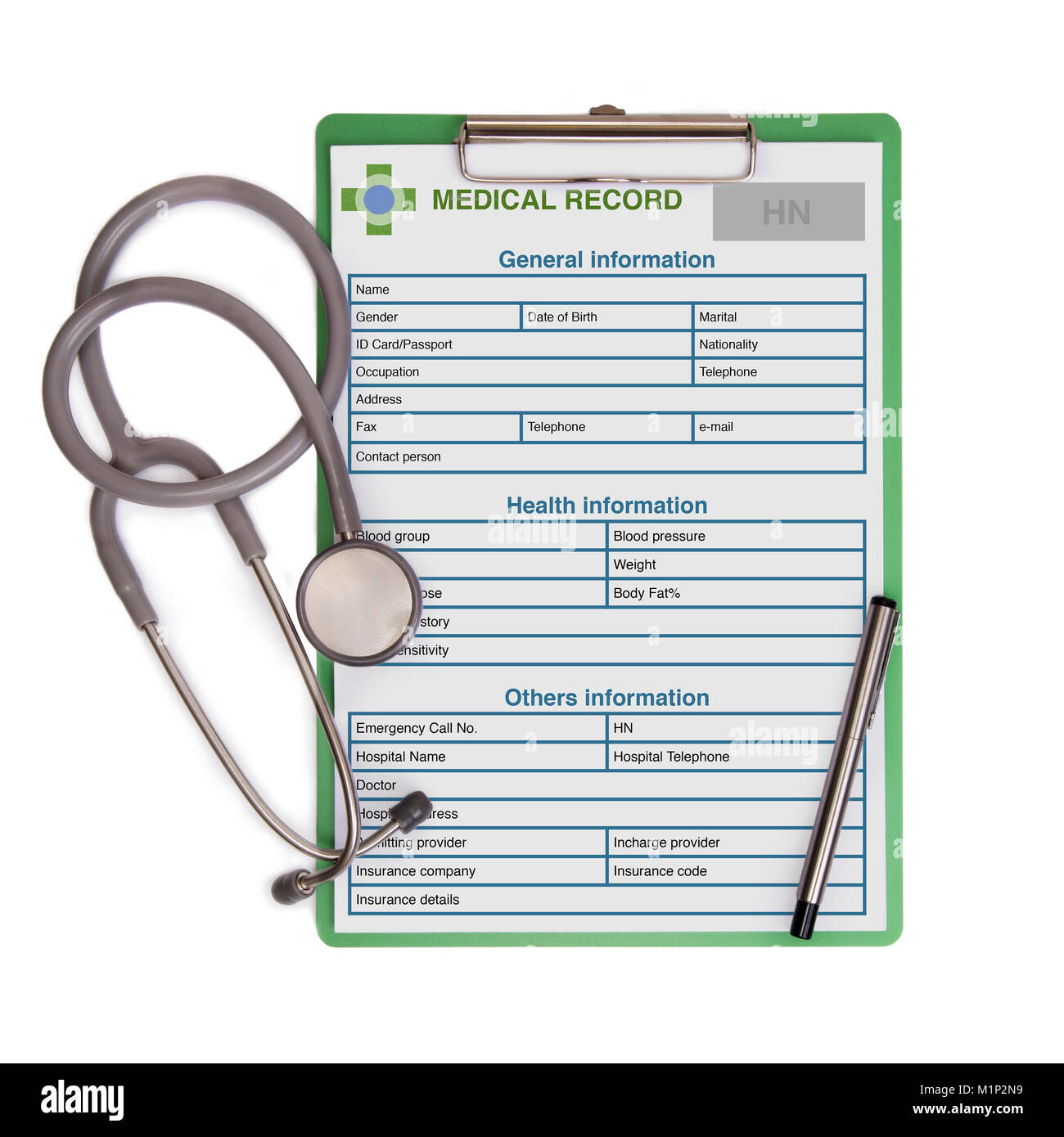 Top view of medical record document on clipboard with stethoscope on ...