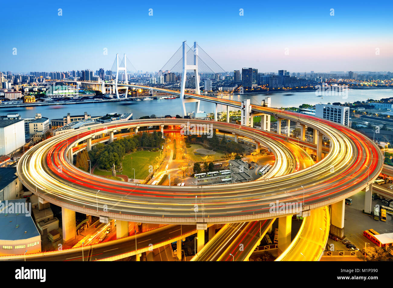 beautiful nanpu bridge at dusk ,crosses huangpu river ,shanghai ,China ...