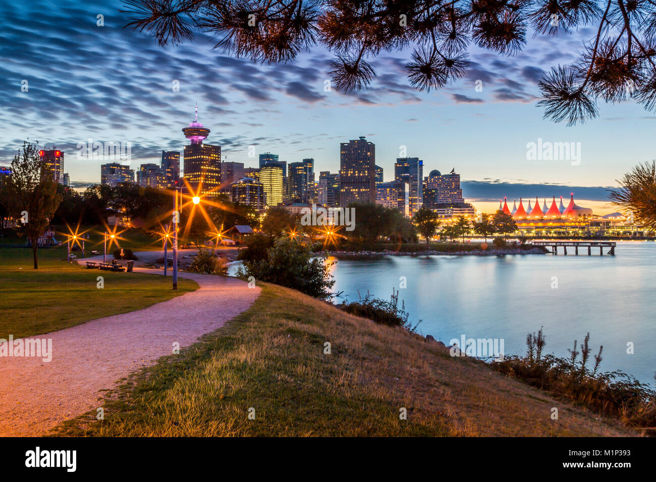 View of city skyline and Vancouver Lookout Tower from CRAB Park at ...