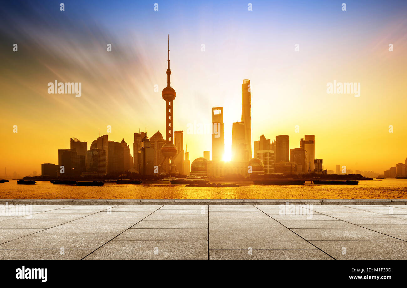 Shanghai morning panorama before sunrise with city skyline and colorful ...