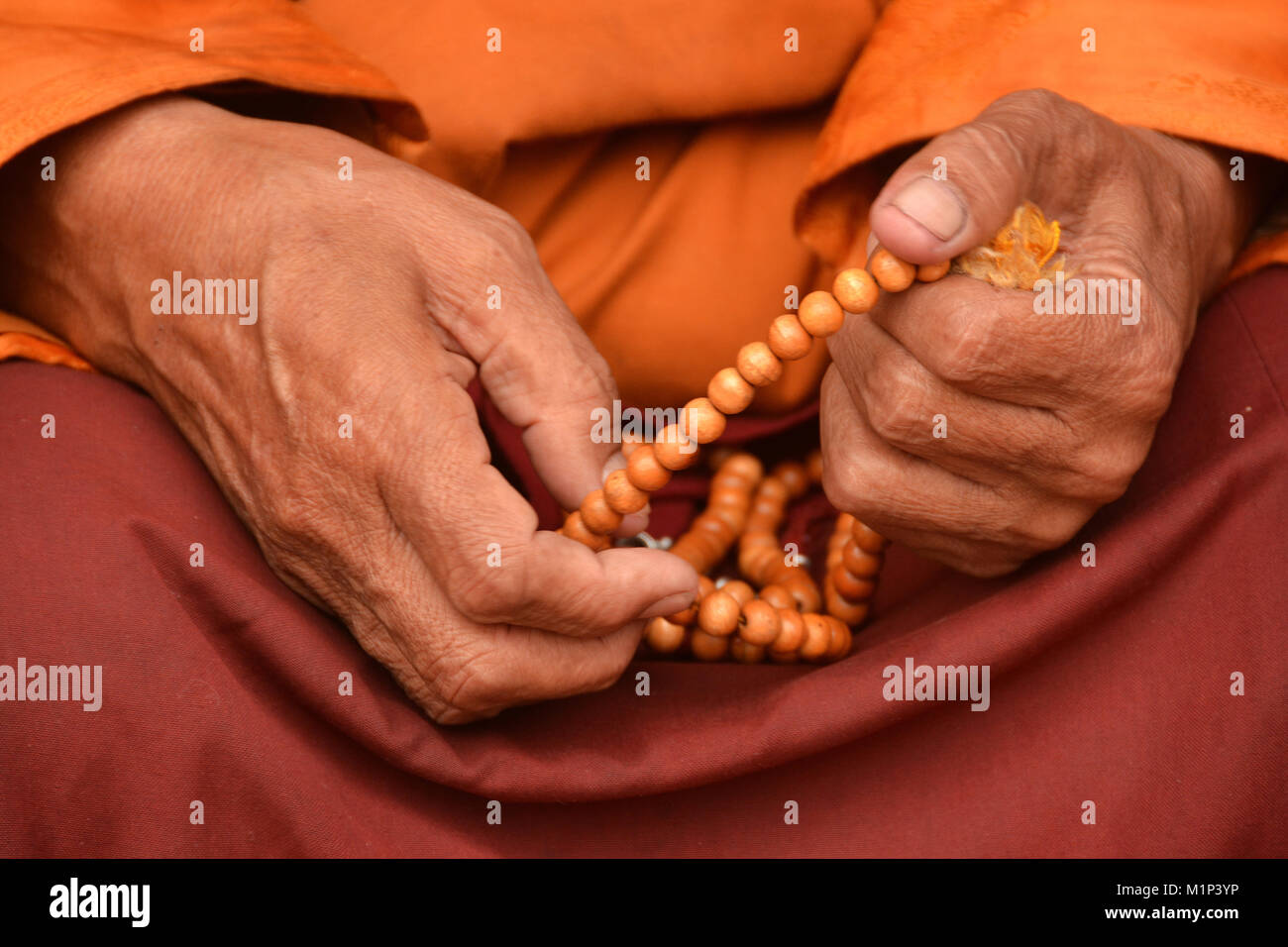 Tibetan monk holding prayer beads, Nepal, Asia Stock Photo - Alamy