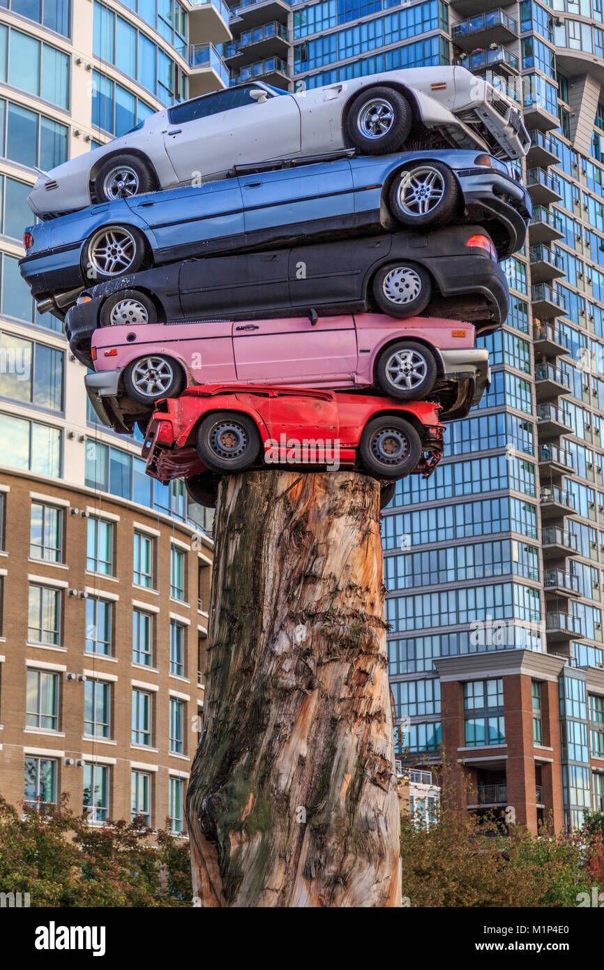 Cars stacked as modern art exhibit, Vancouver, British Columbia, Canada ...