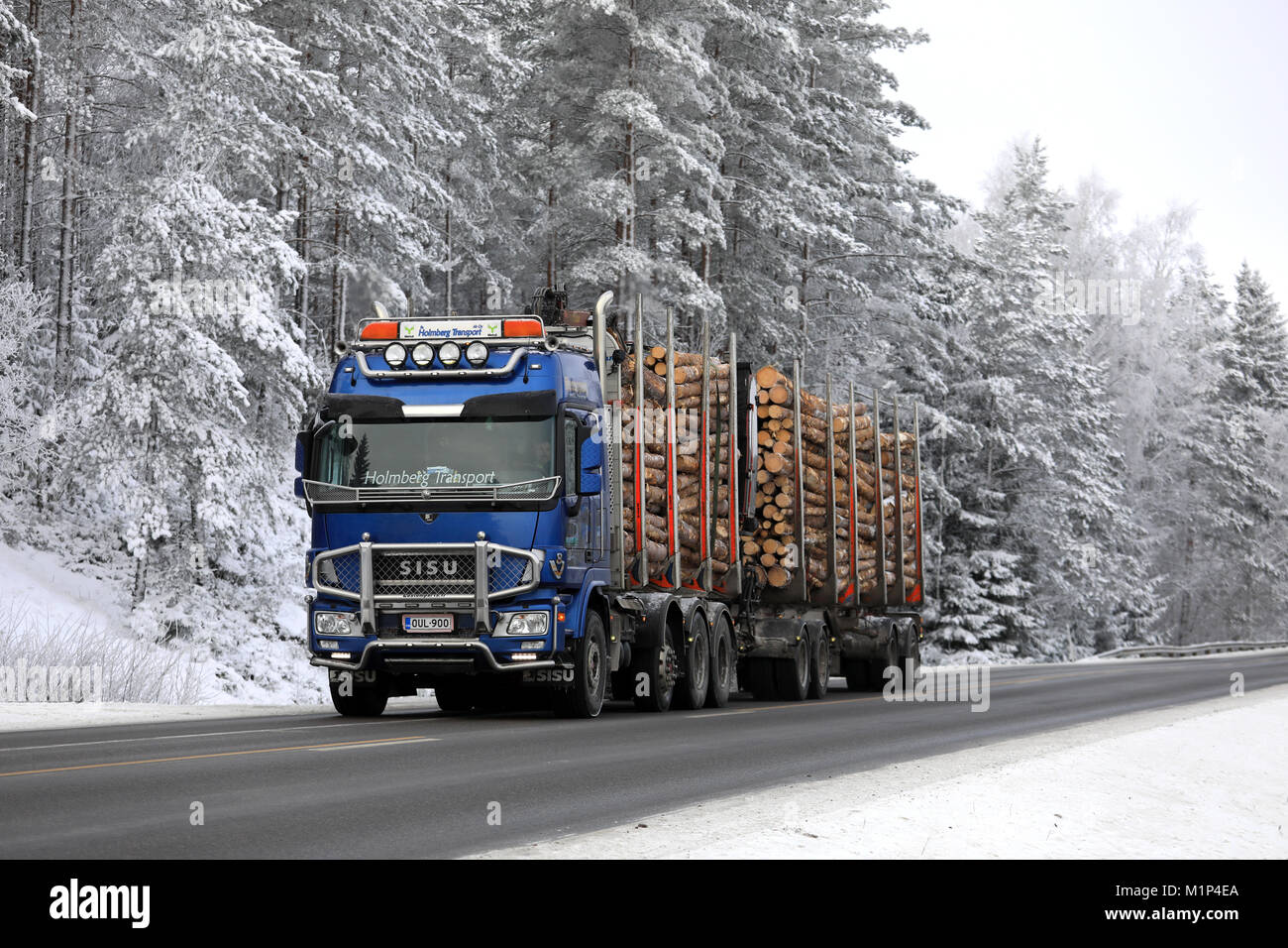 SALO, FINLAND - JANUARY 21, 2018: Sisu Polar Timber truck hauls logs ...