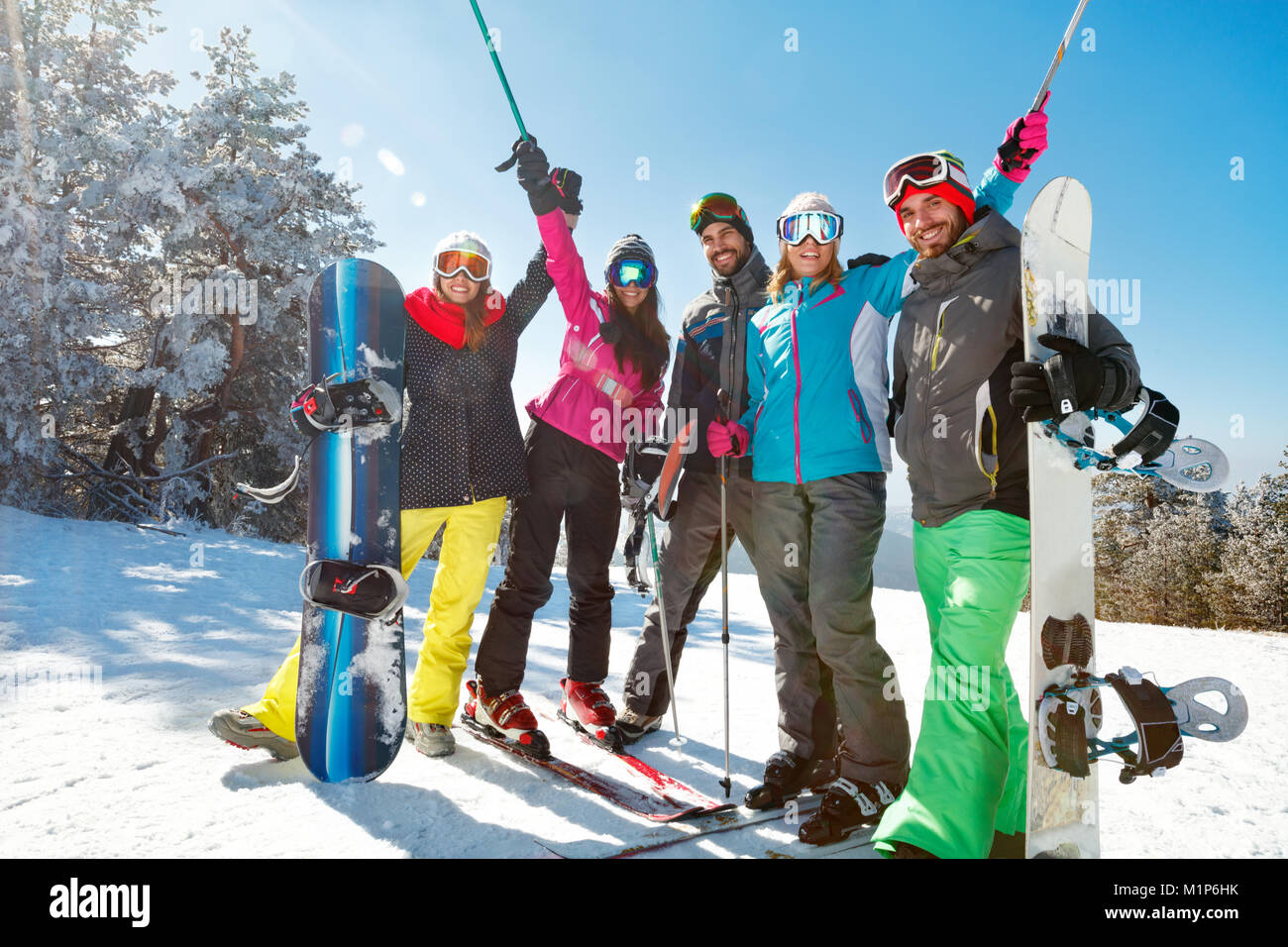 happy friends enjoying in beautiful landscape on mountain Stock Photo ...