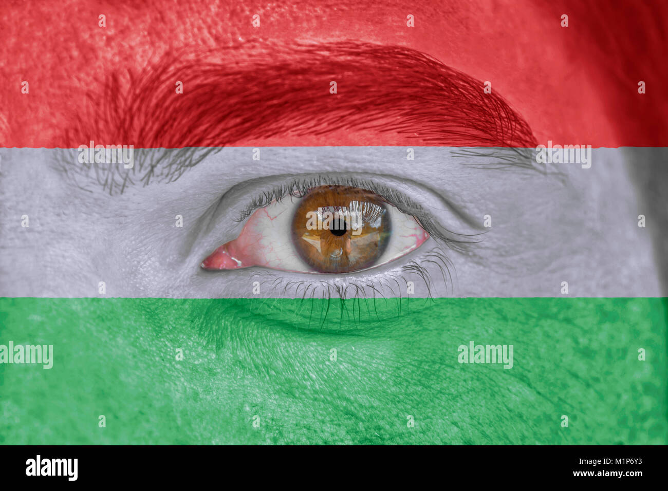 Human face and eye painted with flag of Hungary Stock Photo - Alamy