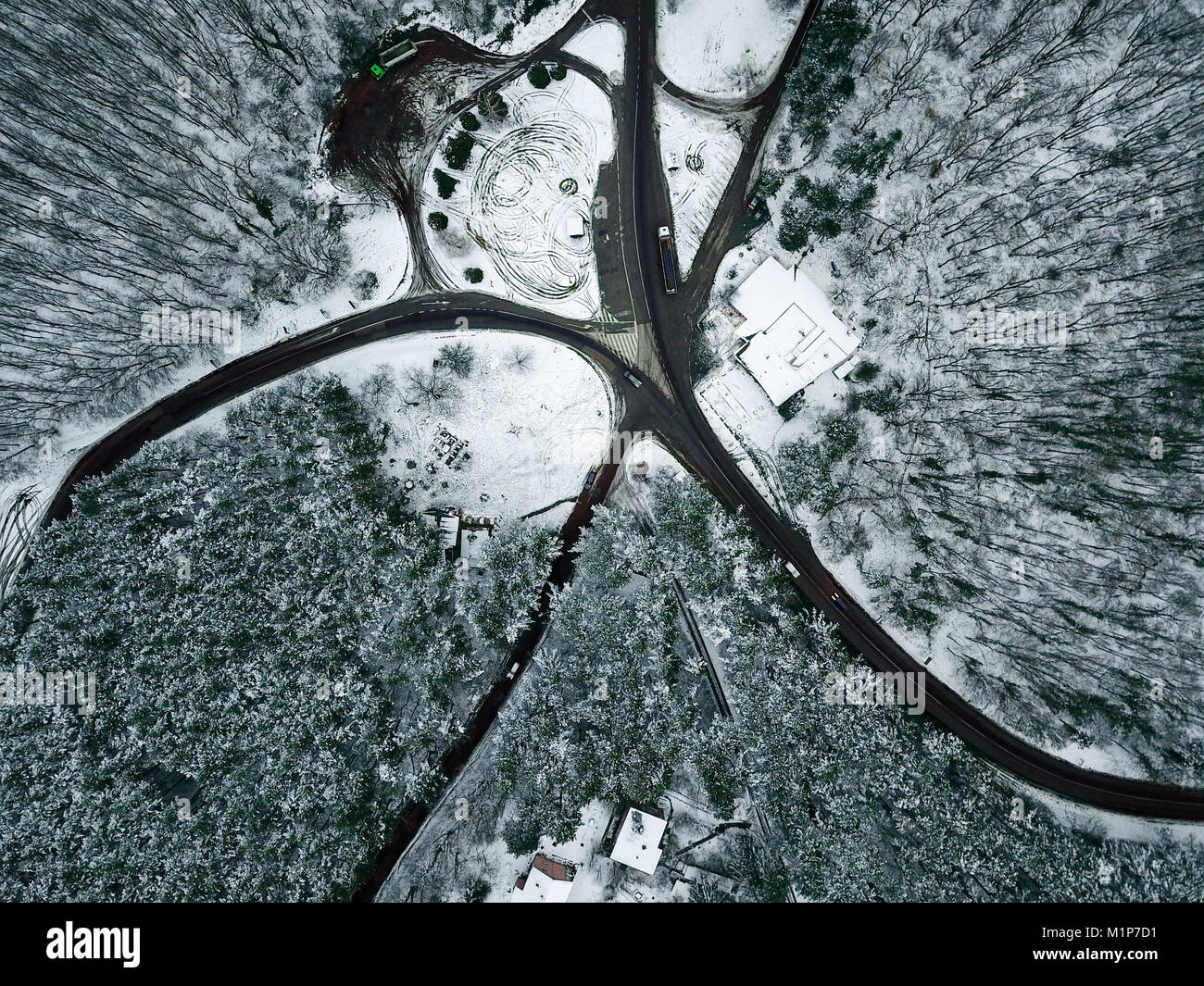 Beautiful winter landscape. Aerial view snowy forest and road Stock ...