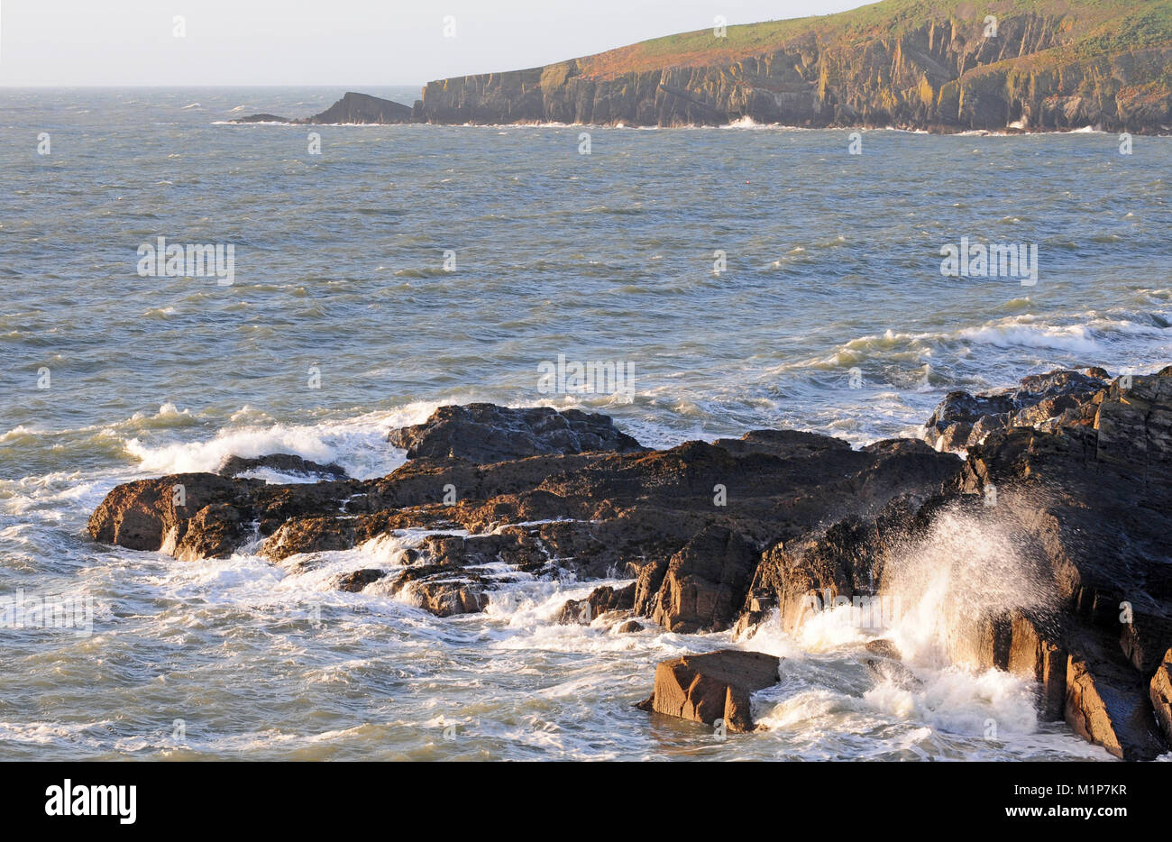 Rising tide at Gwbert. Part of Cardigan Island behind. Wales Stock ...