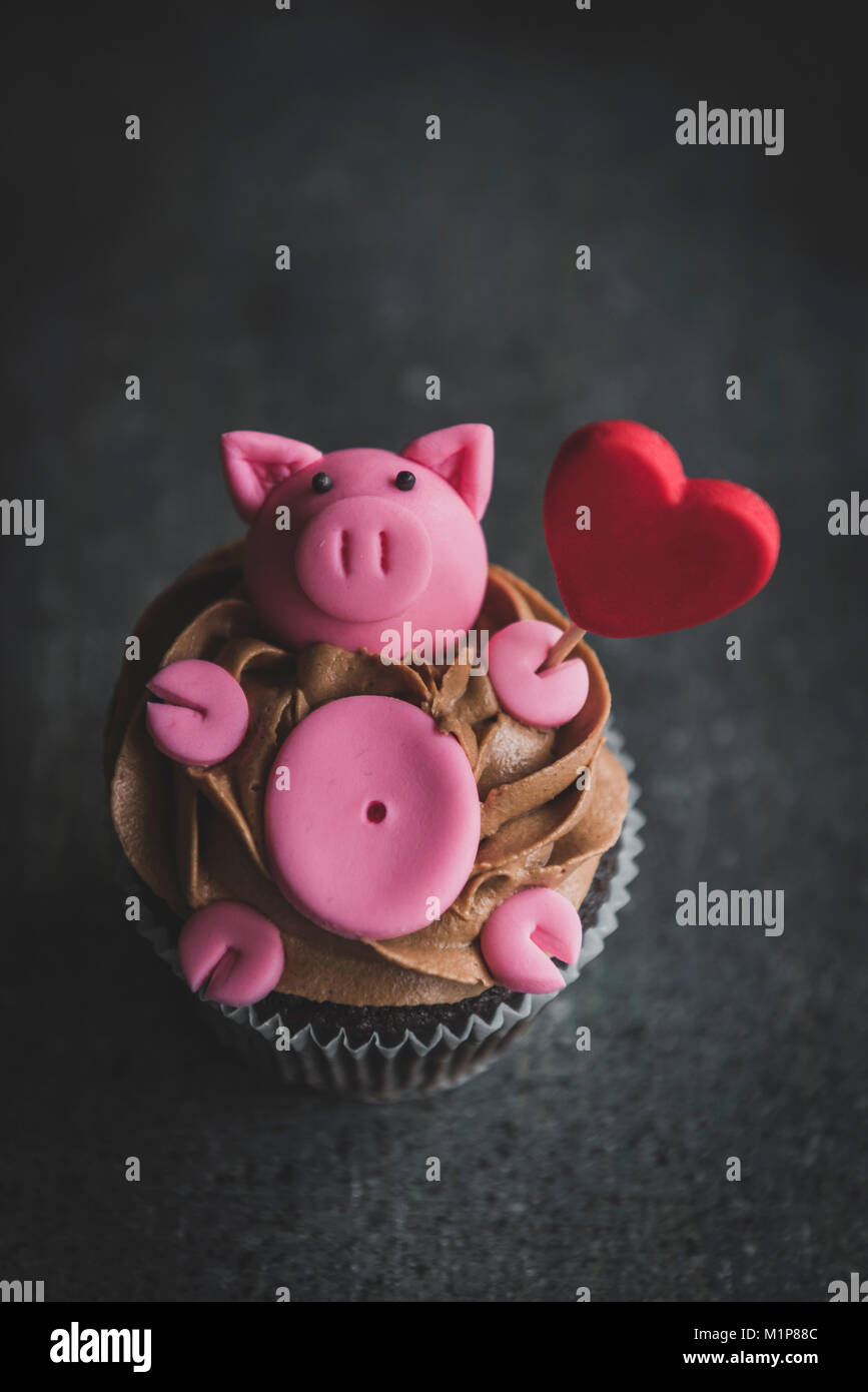 Cute pig with heart in hands on the top of cupcake,selective focus and ...