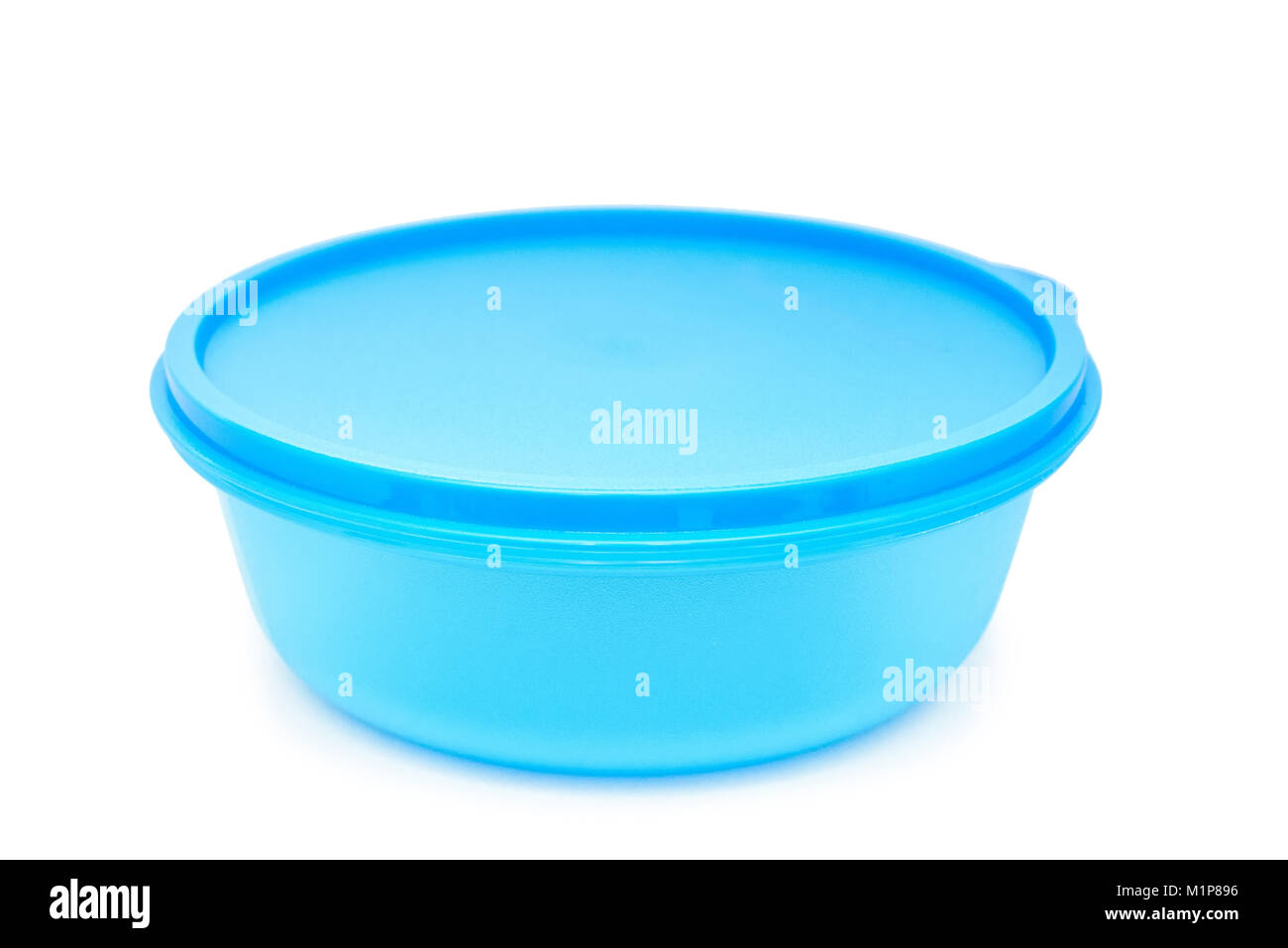 Close up transparent plastic blue food container with lid isolated on ...