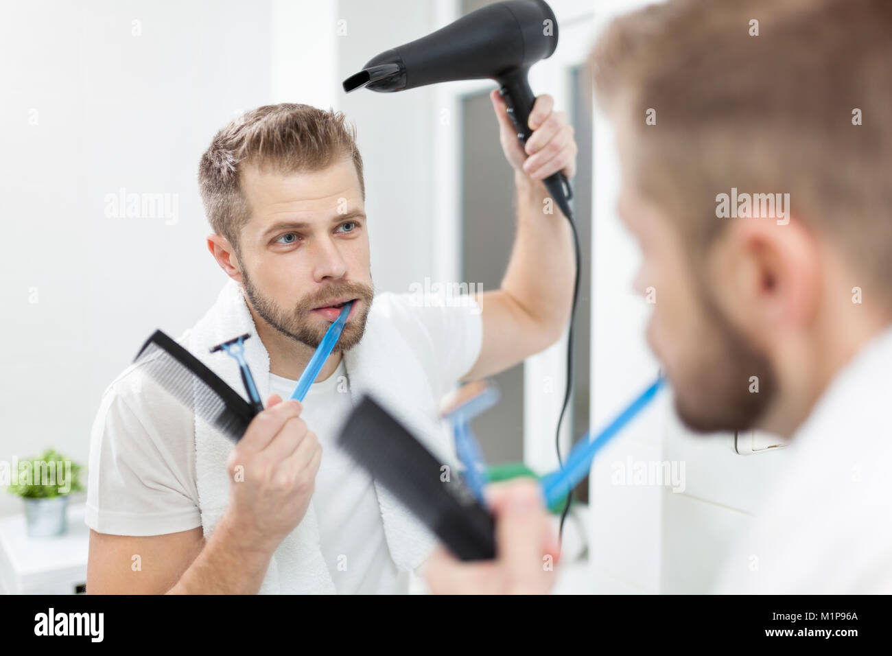 Morning Hygiene Handsome Man In The Bathroom And His Morning Routine
