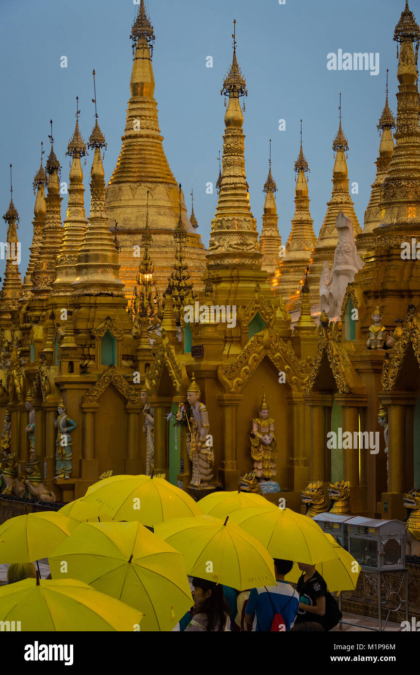 Umbrellas in teh rain at the Shwedagon Temple, Yangon, Myanmar Stock ...