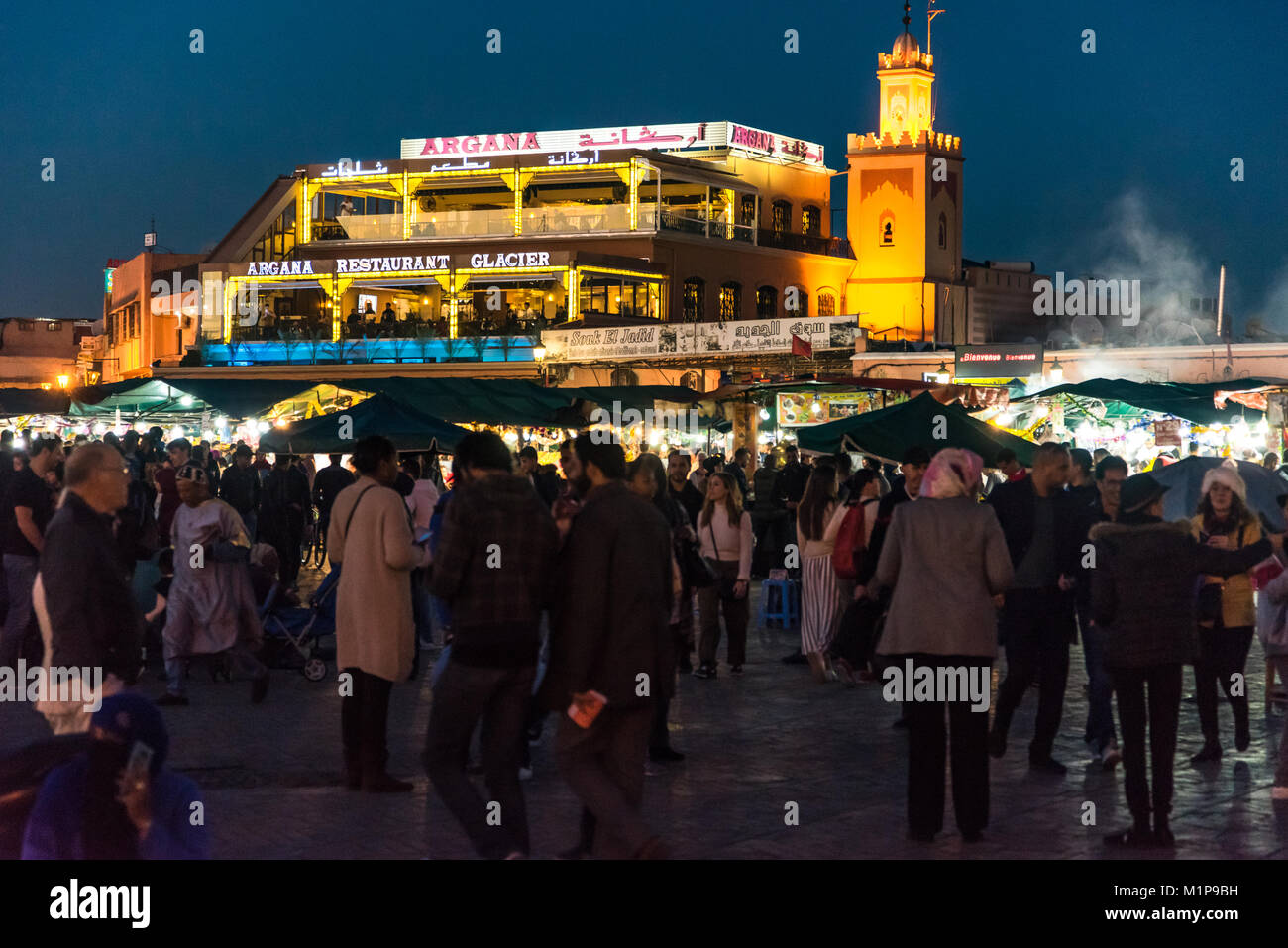 Marrakech,Morocco - January 2018: Evening rush hours in Jamaa el Fna ...