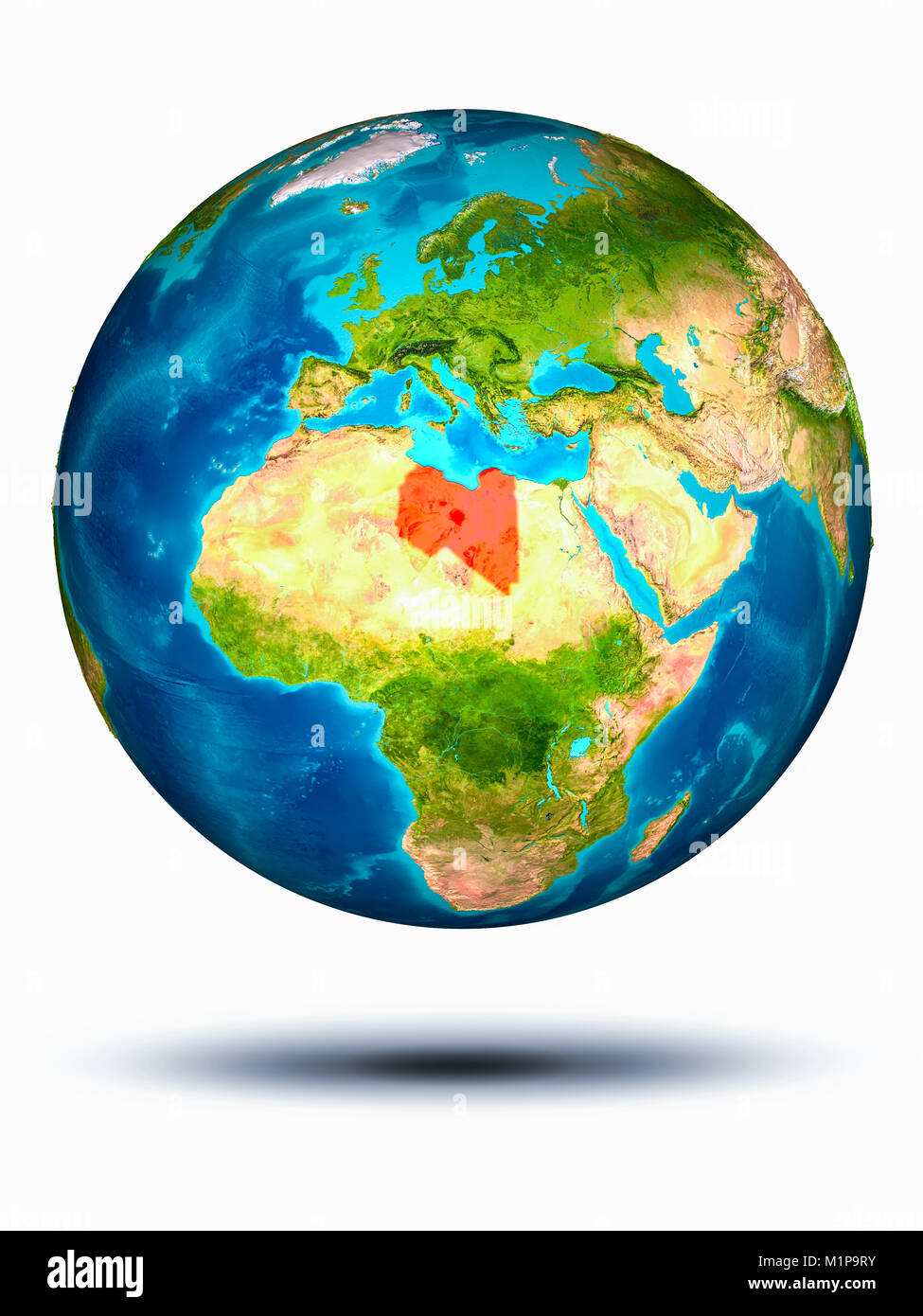 Libya in red on model of planet Earth hovering in space. 3D ...
