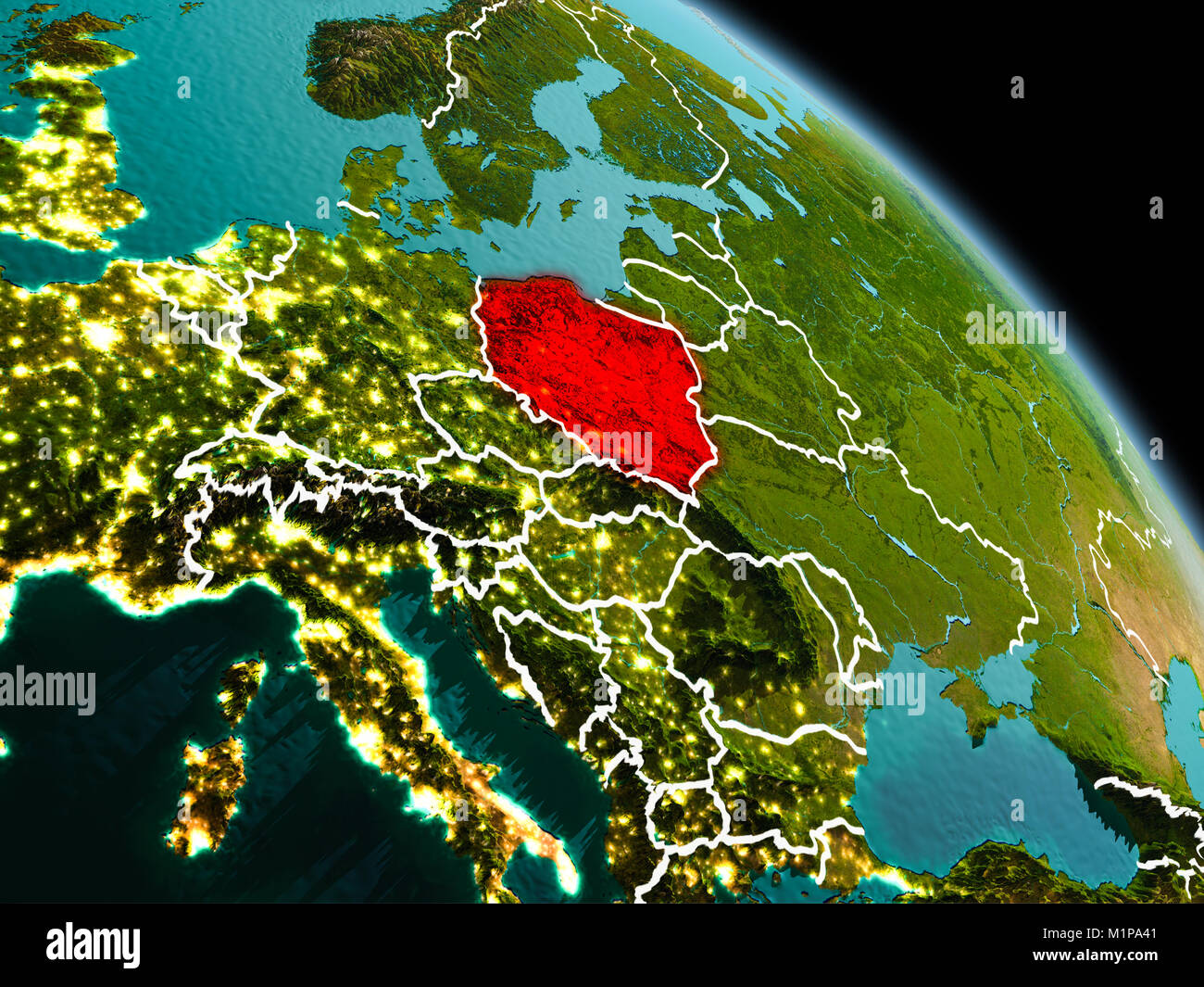 Early morning view of Poland highlighted in red on planet Earth with ...