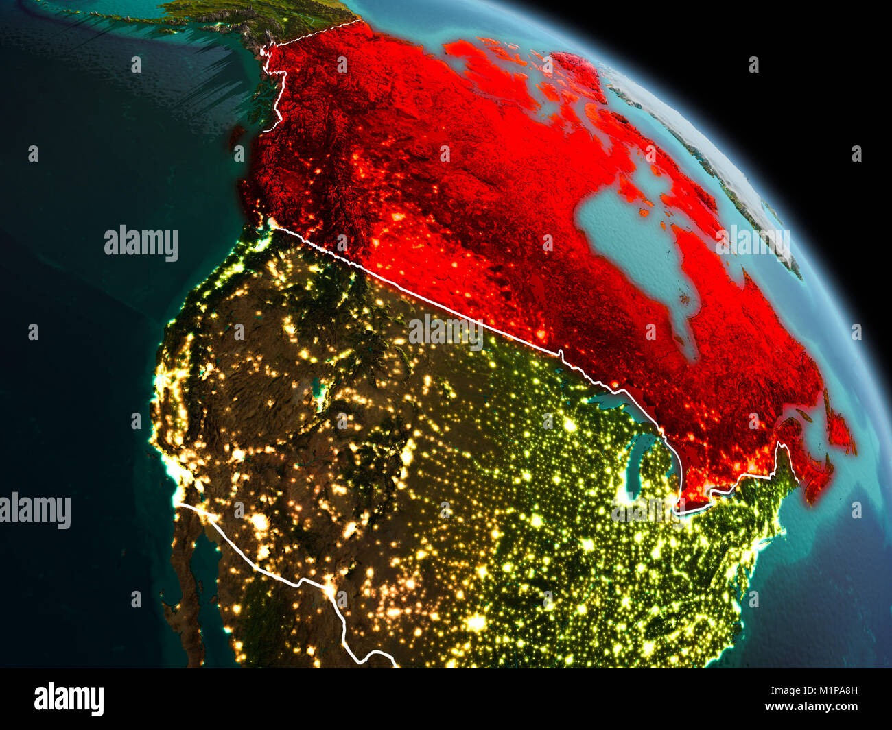 Early morning view of Canada highlighted in red on planet Earth with ...
