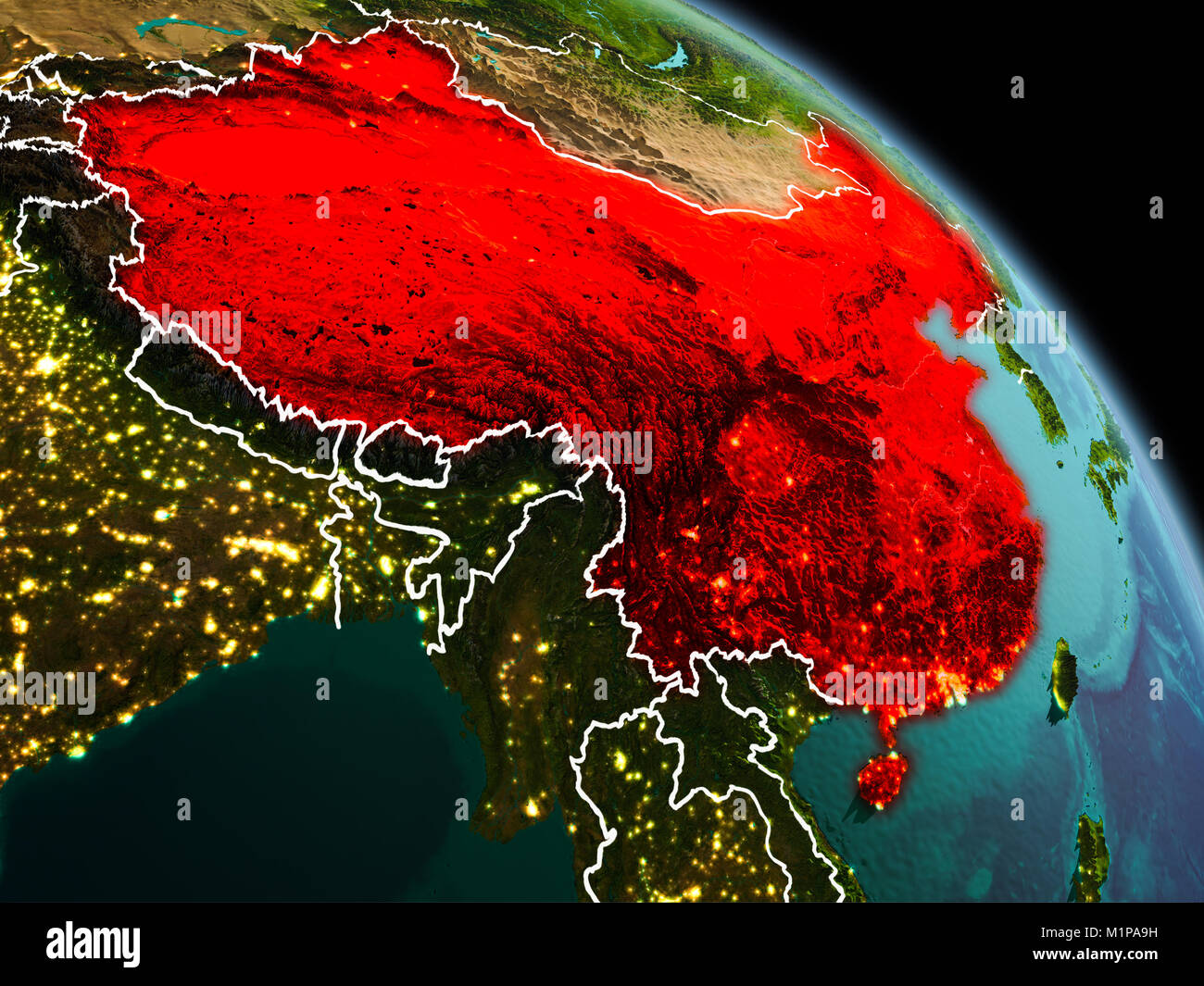 Early morning view of China highlighted in red on planet Earth with ...