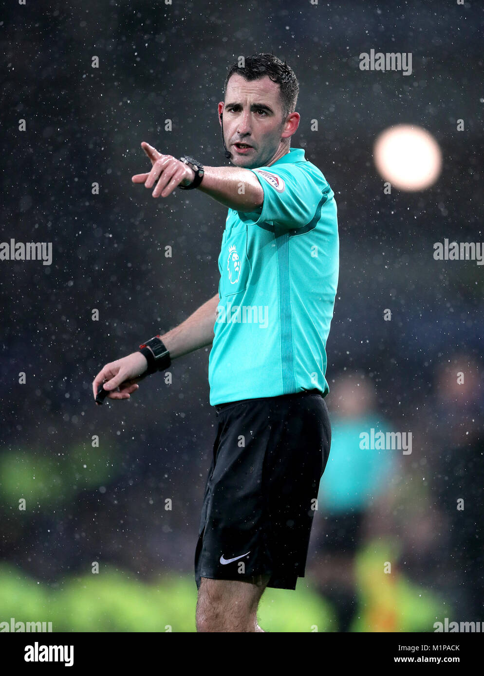 Match referee Chris Kavanagh gestures during the Premier League match ...