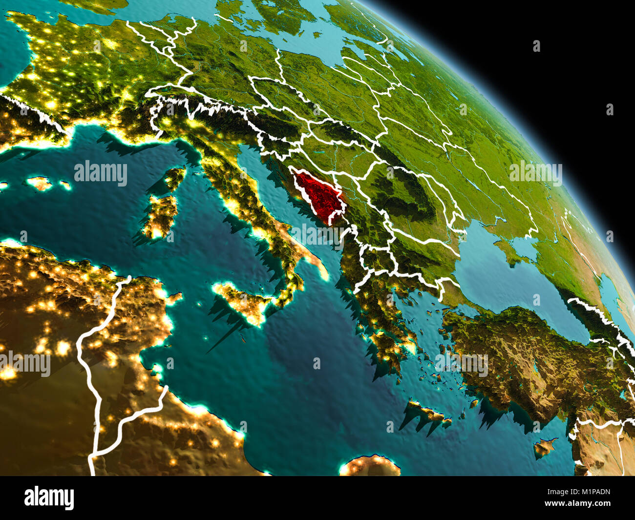 Early morning view of Bosnia and Herzegovina highlighted in red on ...
