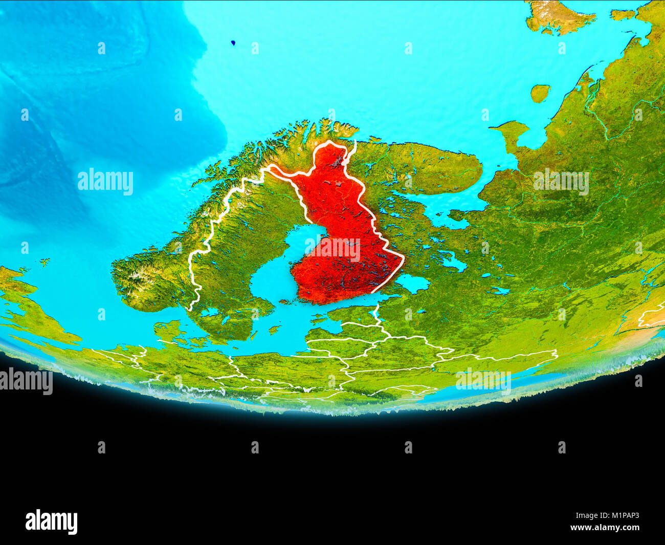 Finland from orbit of planet Earth with visible borderlines. 3D ...