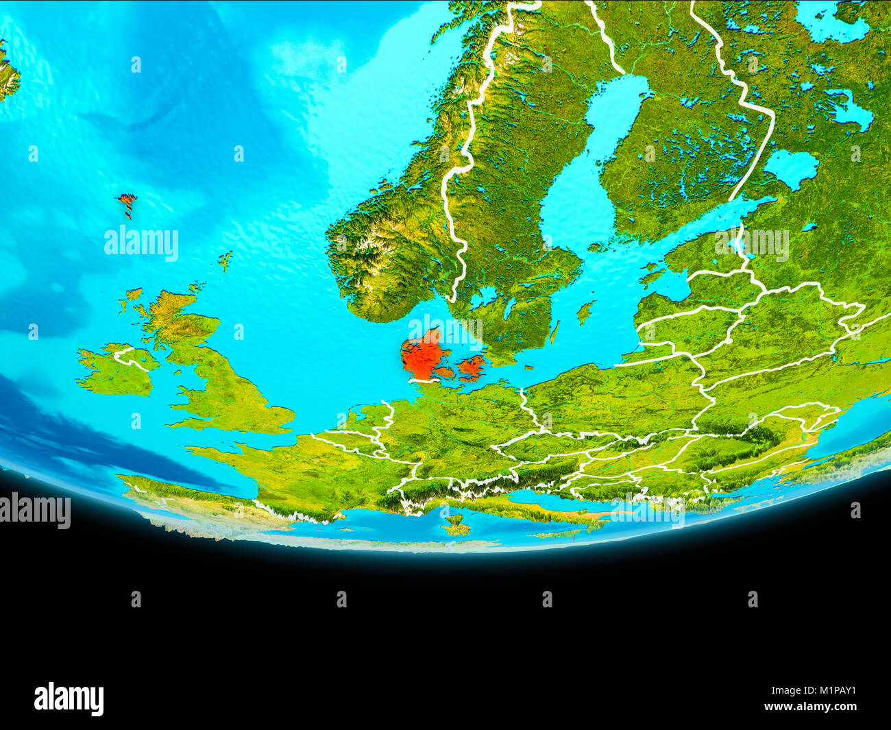 Denmark from orbit of planet Earth with visible borderlines. 3D ...