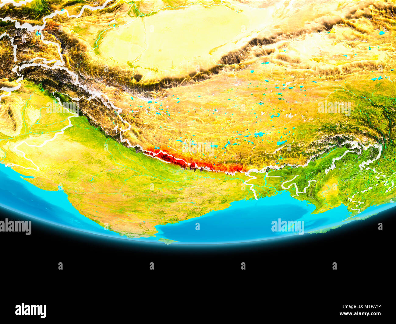 Nepal from orbit of planet Earth with visible borderlines. 3D ...