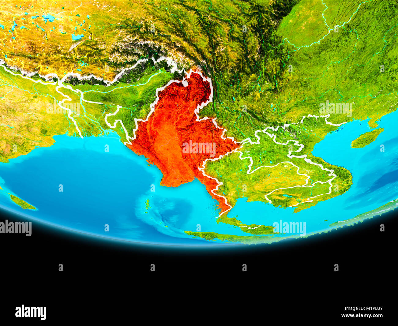 Myanmar from orbit of planet Earth with visible borderlines. 3D ...
