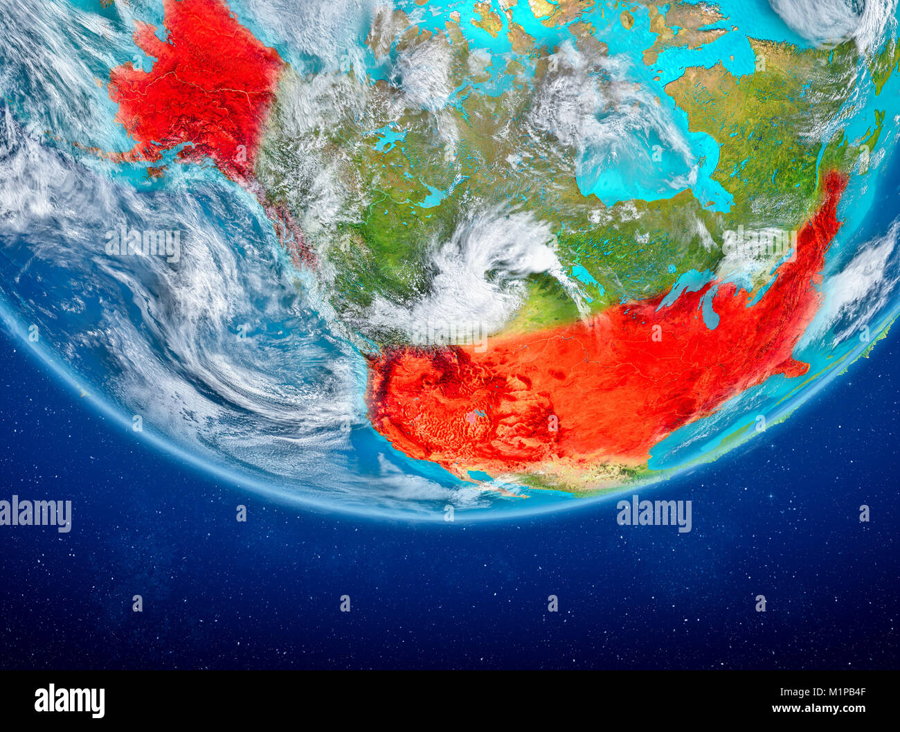 USA highlighted in red on planet Earth with clouds. 3D illustration ...
