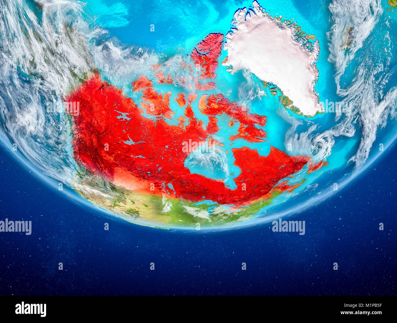 Canada highlighted in red on planet Earth with clouds. 3D illustration ...