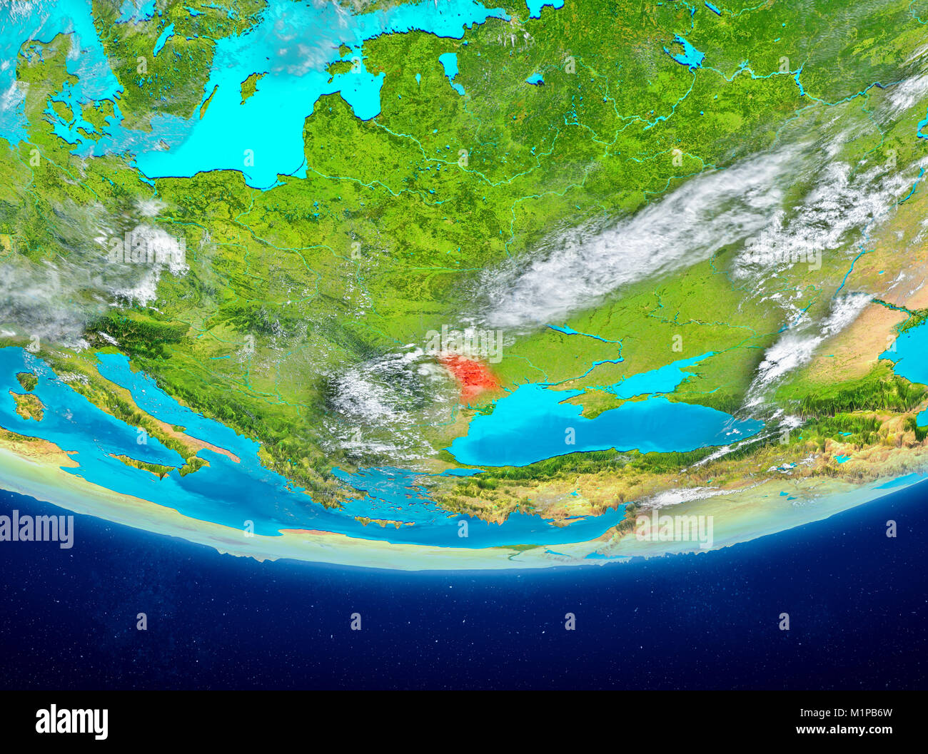 Moldova highlighted in red on planet Earth with clouds. 3D illustration ...