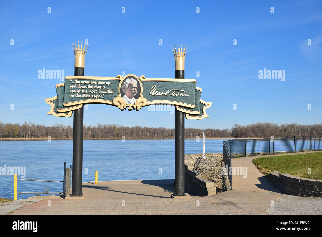 Riverside sign for Hannibal, Missouri with a quote by Mark Twain Stock ...