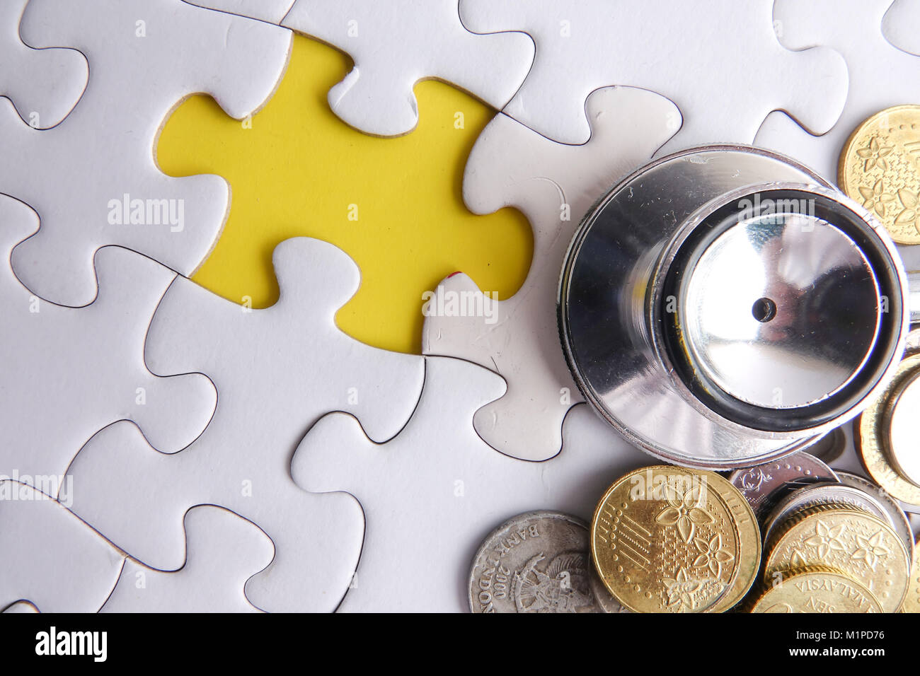 MEDICAL CONCEPT; Stethoscope,jigsaw puzzle and sticker. Copy space ...