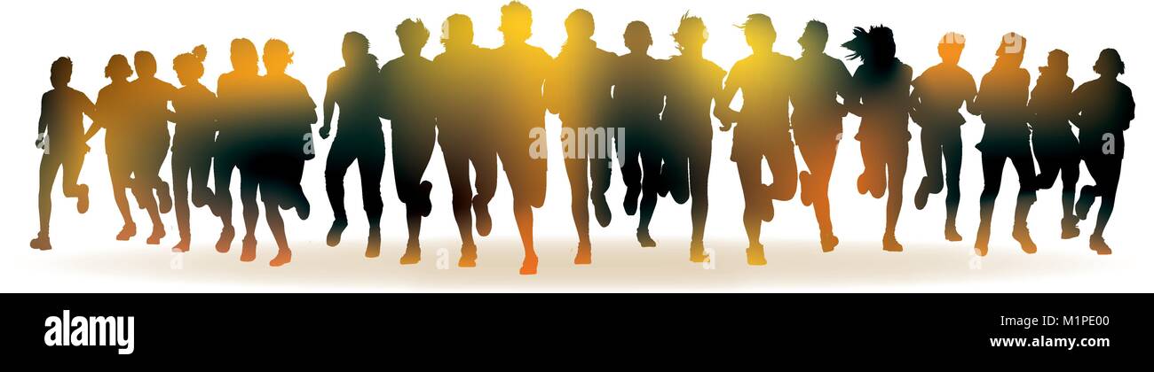 Front view of the crowd of young people running in the marathon Stock ...