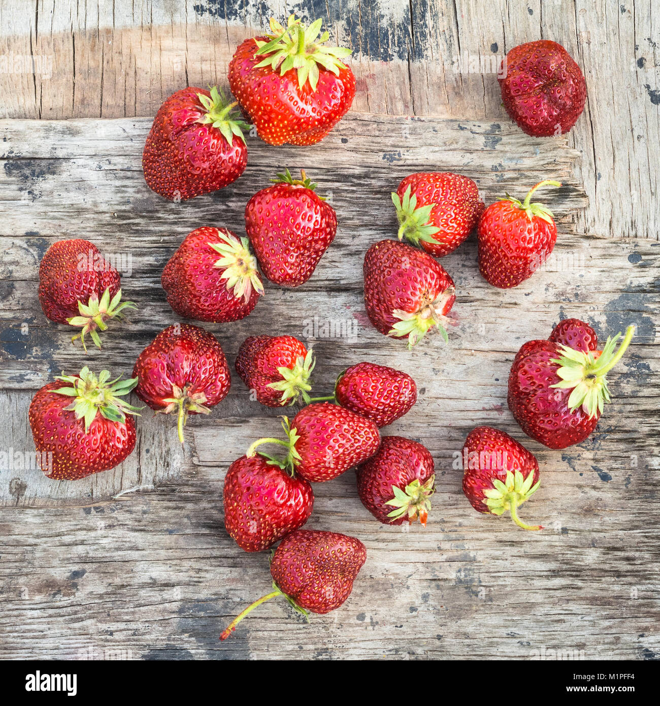 Template with a large ripe strawberry on a vintage wooden board. Top ...