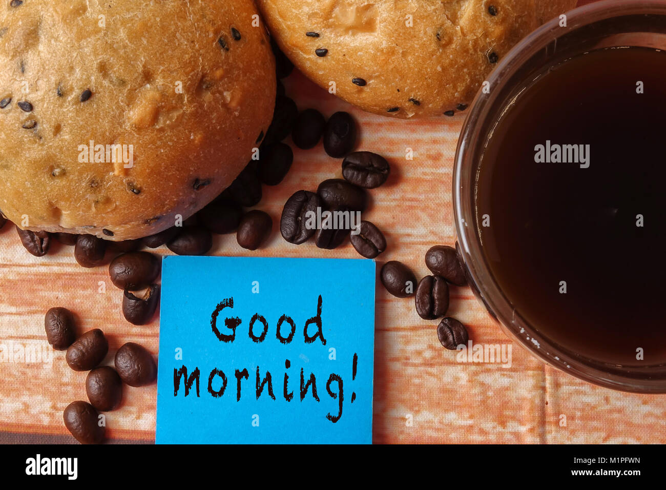 GOOD MORNING GREETIING CONCEPT: Morning breakfast concept with coffee ...