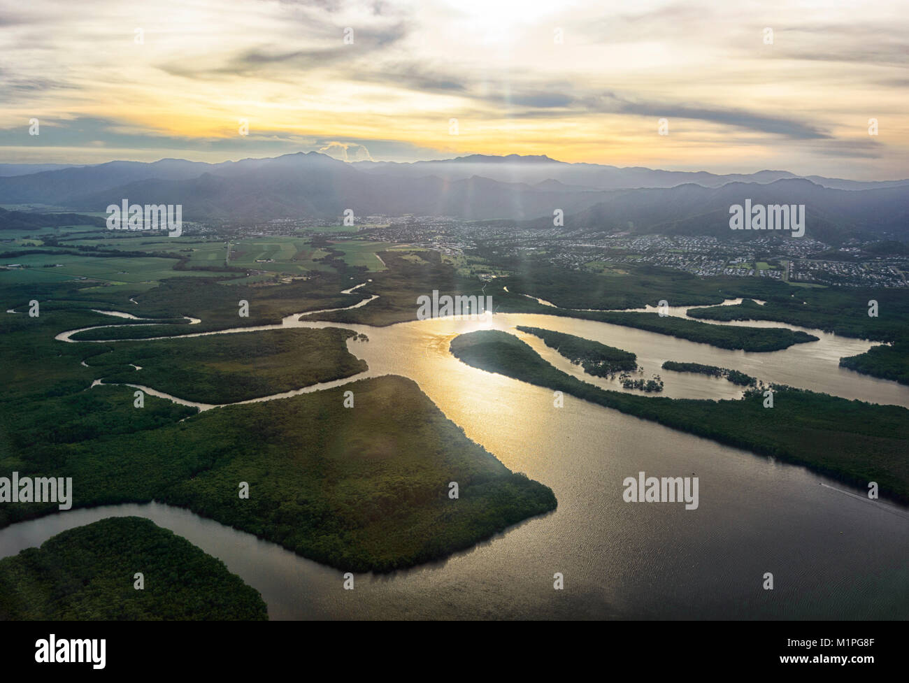 Aerial view of Cairns Inlet at sunset, Far North Queensland, FNQ, QLD ...