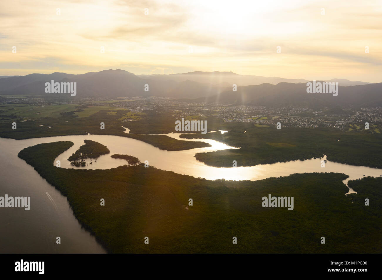 Aerial view of Cairns Inlet at sunset, Far North Queensland, FNQ, QLD ...