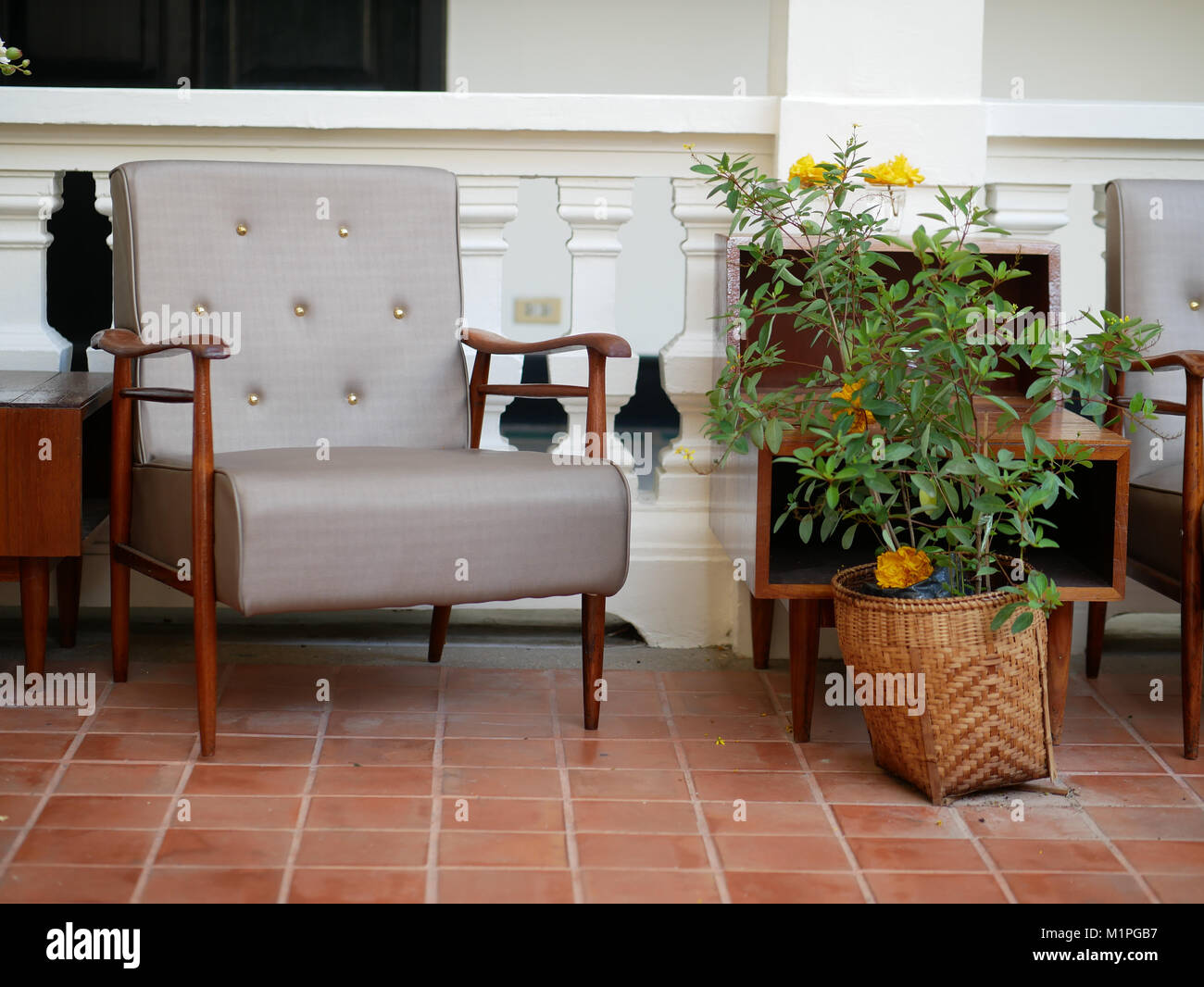 brown leather armchair on terrace at restaurant cafe coffee shop Stock ...