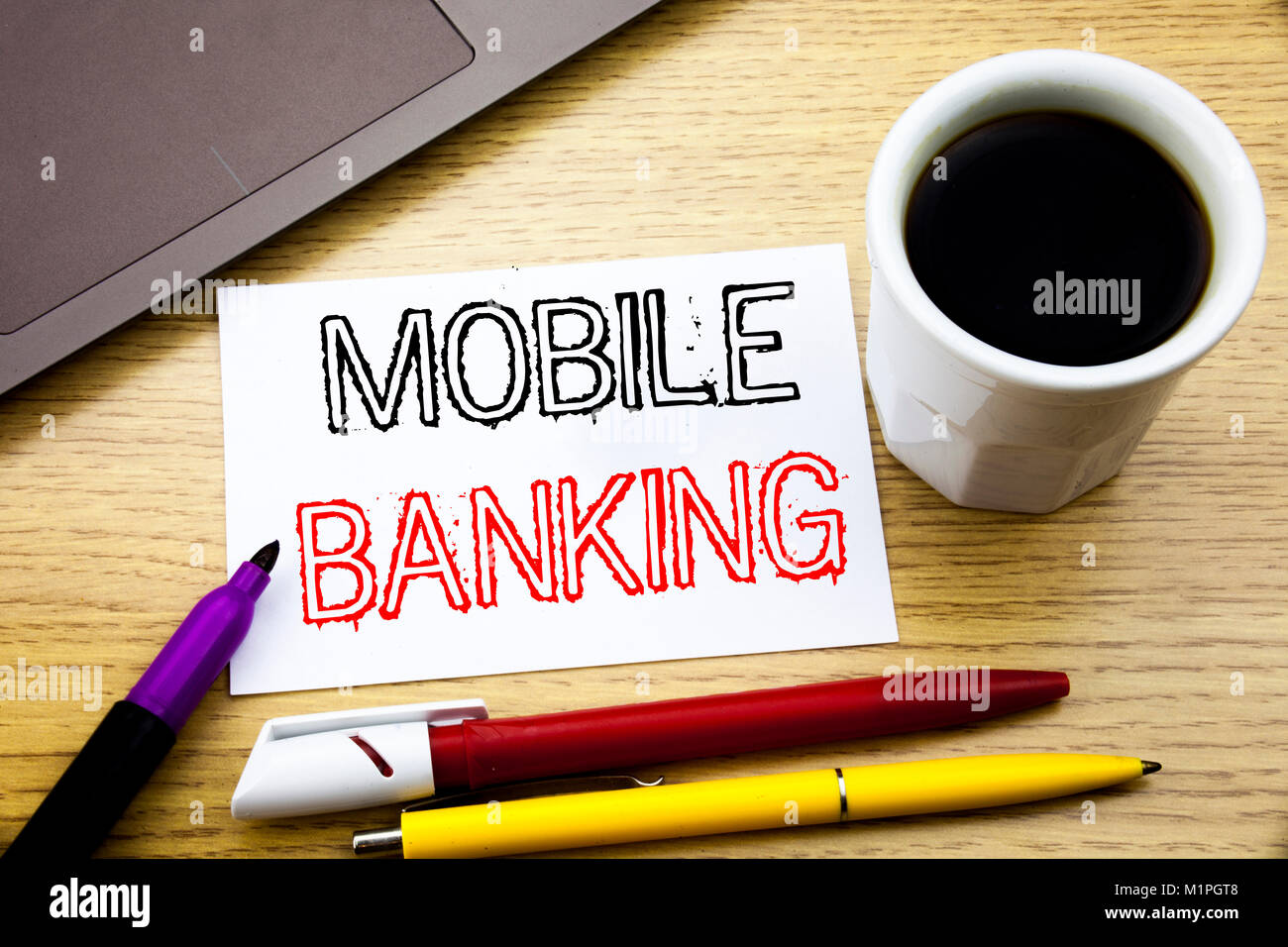 Handwritten text caption showing Mobile Banking. Business concept ...