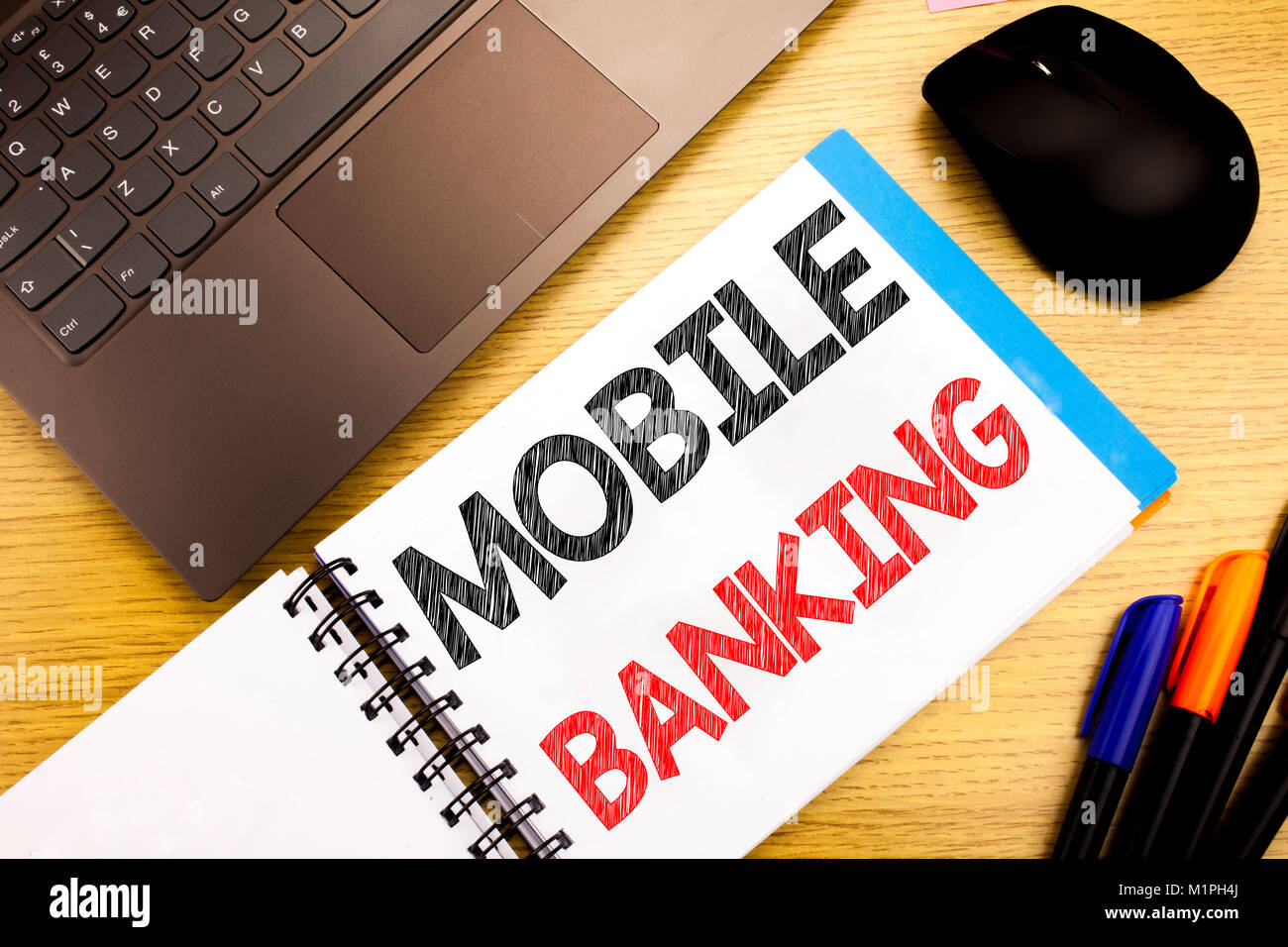 Handwritten text caption showing Mobile Banking. Business concept ...