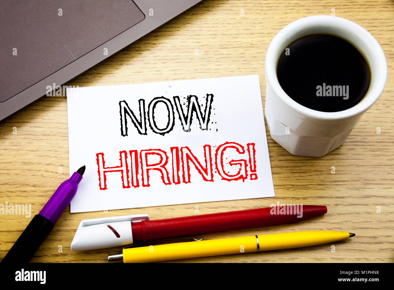 Handwritten text caption showing Now Hiring. Business concept writing ...