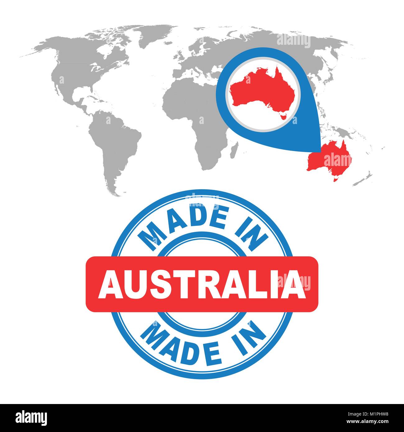 Made in Australia stamp. World map with red country. Vector emblem in ...