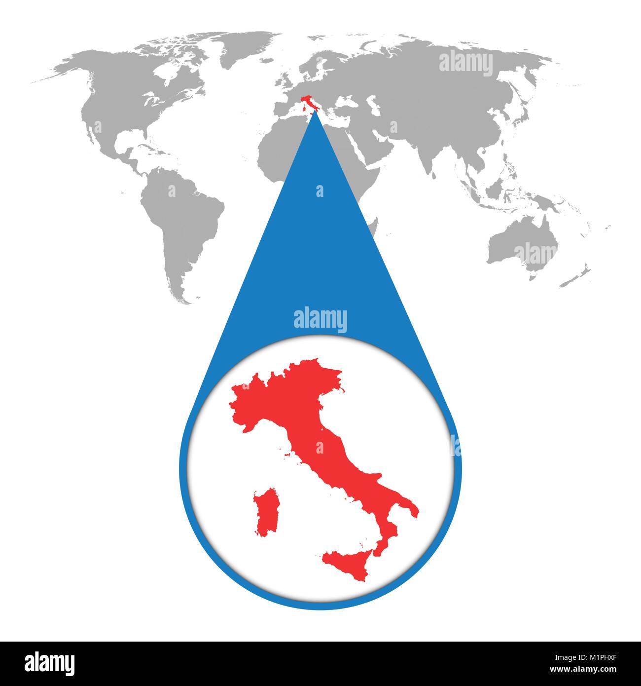 World map with zoom on Italy. Map in loupe. Vector illustration in flat ...