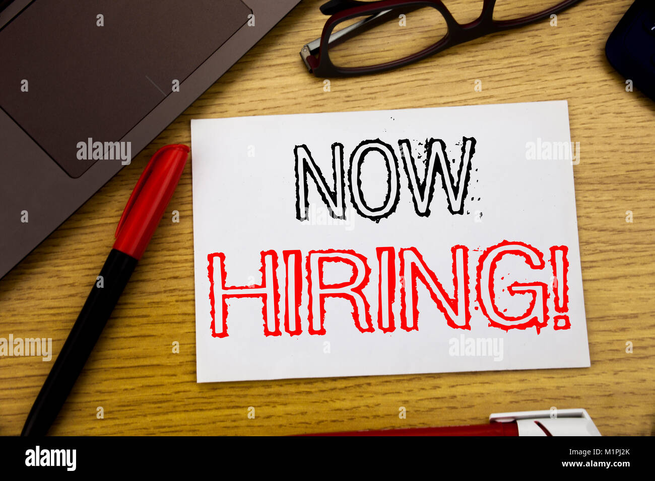 Handwriting Announcement text showing Now Hiring. Business concept for ...