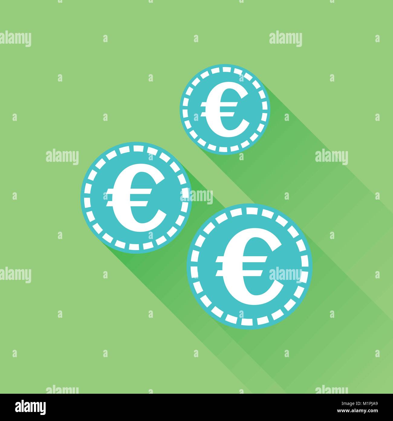 Euro coins icon. Vector illustration in flat style. Blue coin on green ...