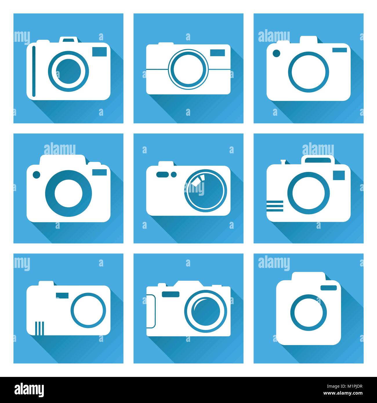 Camera icon set on blue background with long shadow. Vector ...