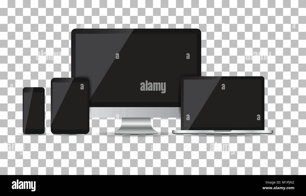 Realistic device flat Icons: smartphone, tablet, laptop and desktop computer. Vector ...