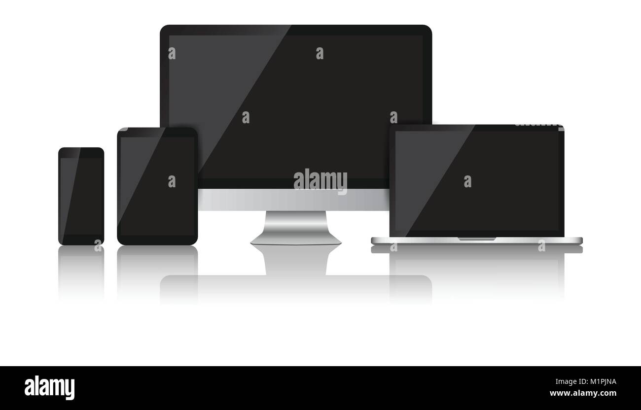 Realistic device flat Icons: smartphone, tablet, laptop and desktop ...