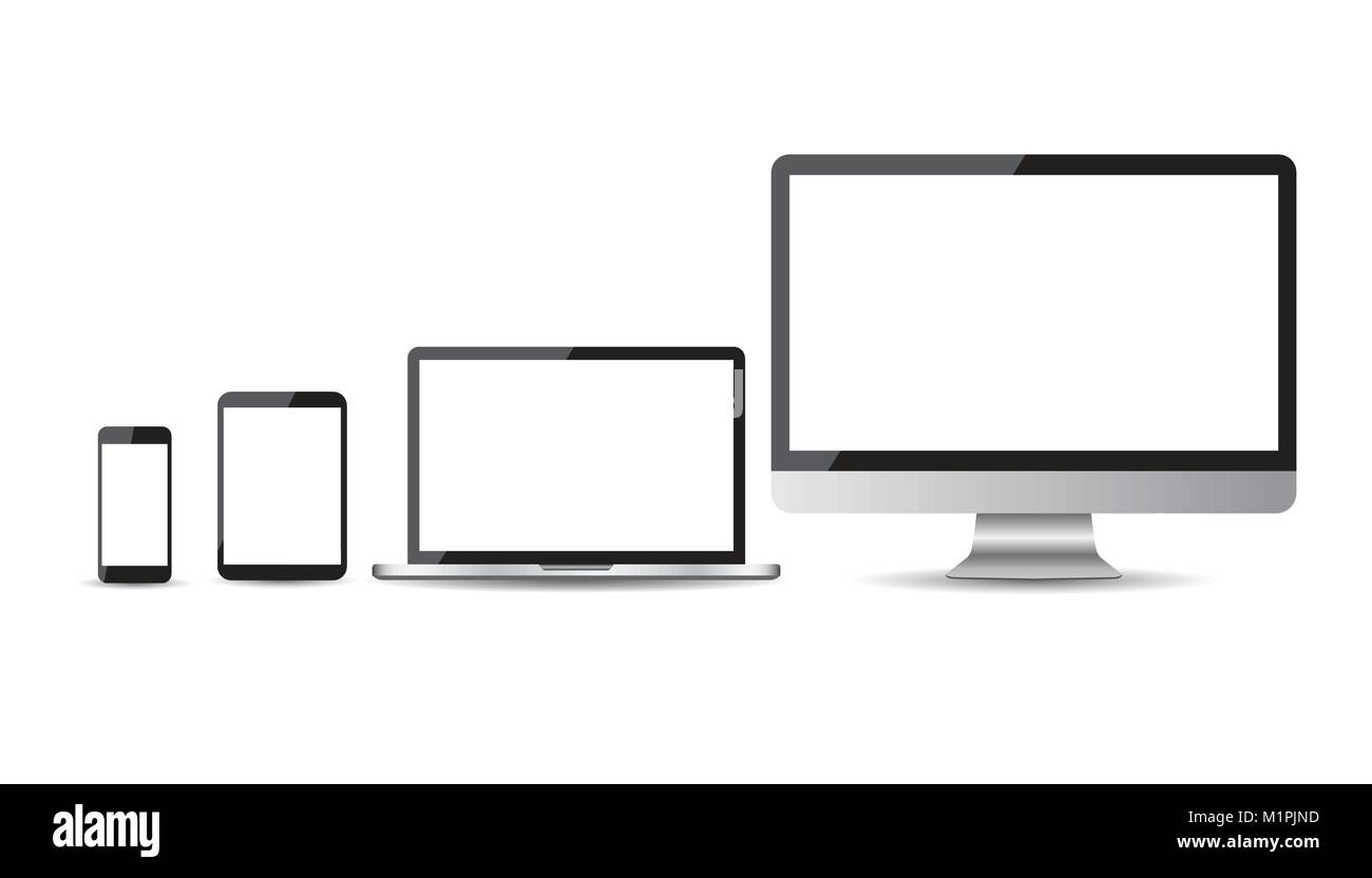 Realistic device flat Icons: smartphone, tablet, laptop and desktop ...