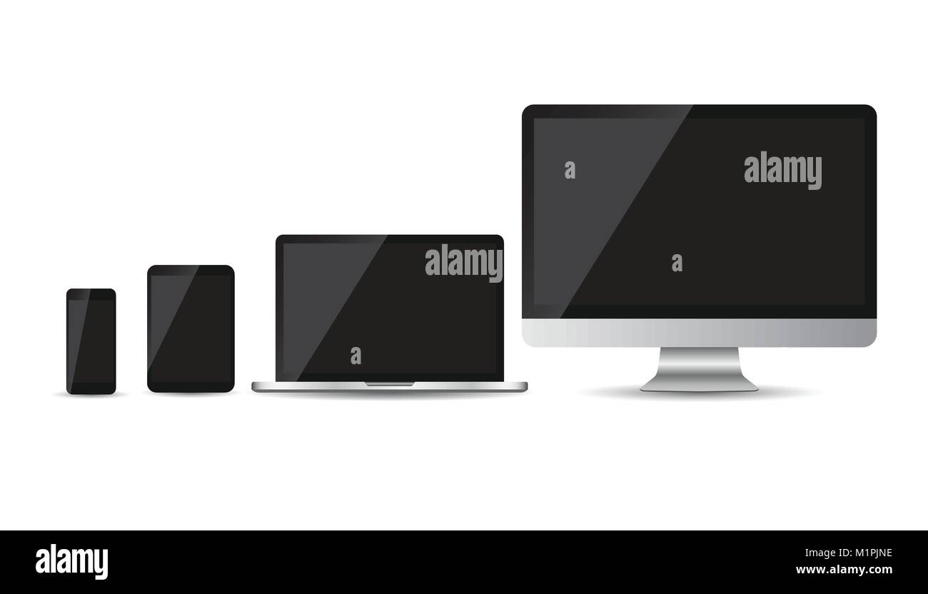 Realistic device flat Icons: smartphone, tablet, laptop and desktop ...